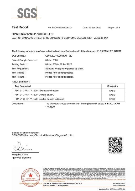 SGS Test Report - Henan Zonghai Plastic Industry Co., Ltd.