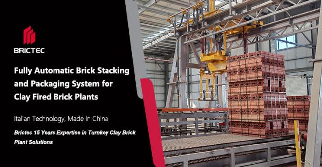 Automated clay brick stacking and packaging system in operation