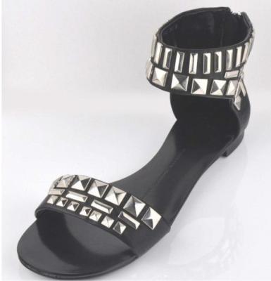 China Ebay Punk design Black color sheepskin lace with sliver rivet girls flat zipper sandal for sale