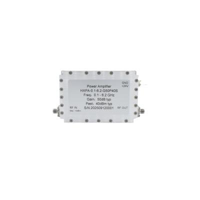 China RF Power Amplifier, 0.1–6.2 GHz Frequency, 55 dB Max Small Signal Gain, 47 dBm Max Saturation Power, 24V DC, Stainless Steel SMA, Textured Finish for sale