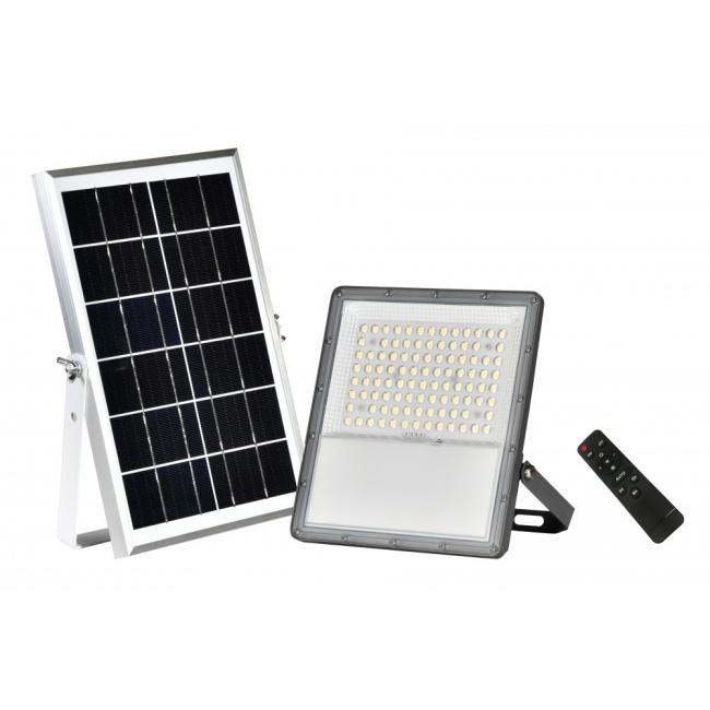 Solar flood light front view showing LED array and housing