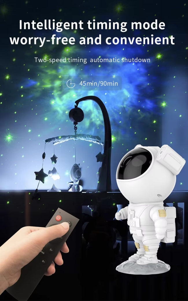 Close-up view of the astronaut-shaped LED star projector lamp