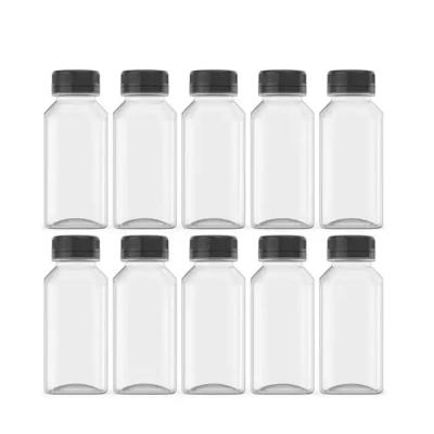 China Cheap square Shape Juice Bottles with Lid Plastic Juice Bottles with Cap and Labels Juice Bottles with White Lids for sale