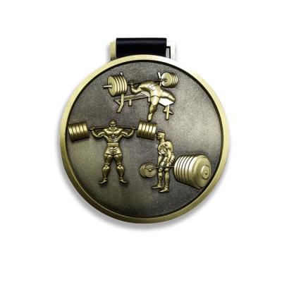 China Custom Customized Commemorative Zinc Alloy Weightlifting Powerlifting Medal Lanyard Hanger 3D Award 3D Powerlifter Medals Ribbon for sale