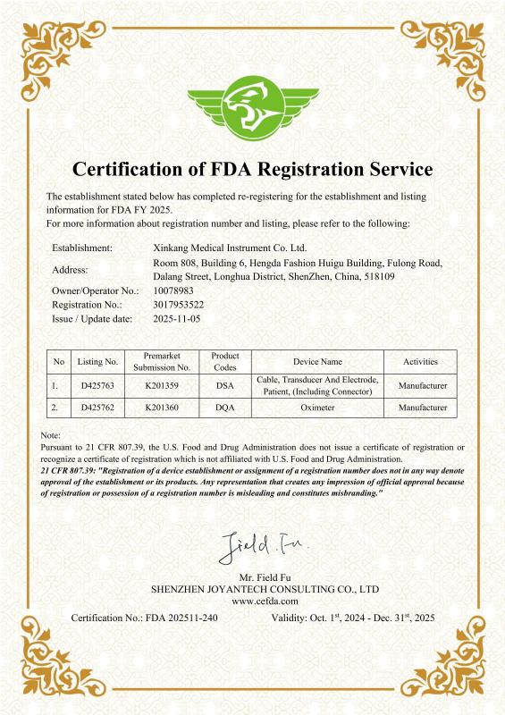 Certification of FDA Registration Service - XINKANG MEDICAL INSTRUMENT CO.,LTD.