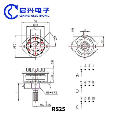 China 2pcs RS25 Rotary Band Switch 2 Pole 6 Position DC30V 0.3A for sale