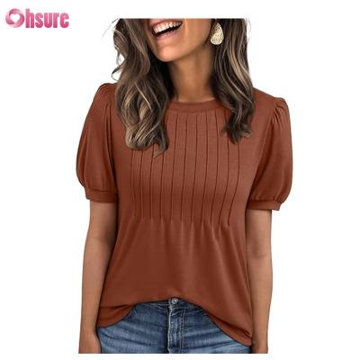 China Women Tops Short Sleeve T-Shirts Blouses Dressy Casual Business Pleated Summer Fashion 2025 Basic Comfy Clothes for sale