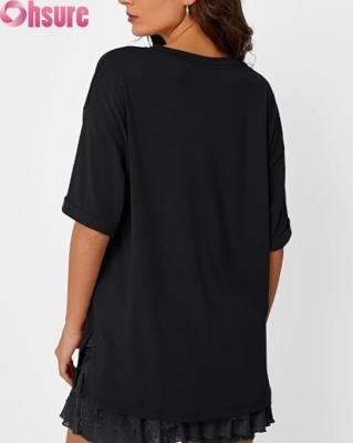 China Womens Oversized Casual T-Shirt, Loose Fit Short Sleeve Tunic Top with Side Slit and Ruffle Hem for sale