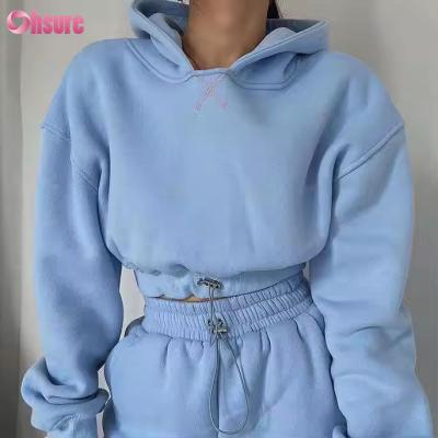 China OEM High Quality Fleece Cotton Sweatpants and Hoodies Set Outdoor Cropped Hoodie Top Two Piece Set Women Clothing for sale