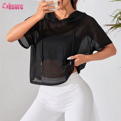 China Workout Clothing Loose Perspective Hooded Sports Sweatshirt Drop Shoulder Short Sleeve for Women Yoga Basic Solid Color Casual for sale