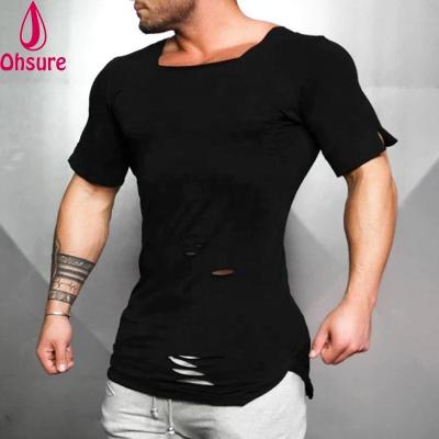 China New Cotton Men's T Shirt - Vintage Ripped Hole T-shirt - Men Fashion Casual Activewears Fitness T-shirt for sale