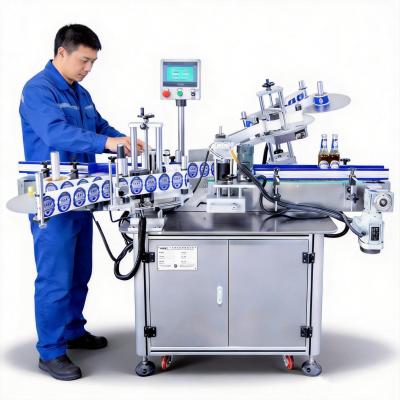 China Automatic Double Head Round Bottle Labeling Machine Beer Water Bottle Label Printing Machine Compatible With Date Code Printers for sale