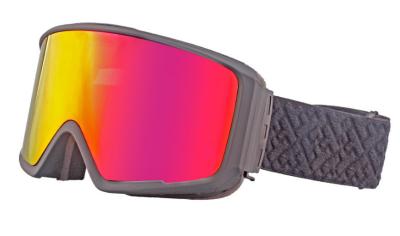 China Best price magnetic ski goggles, interchanged lens snow goggles with glossy black frame and REVO red lens for sale