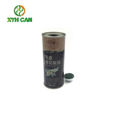China Size 250ml  Glossy Lamination Printing Slim Recyclable Metal Round Tin Box for Sesame oil for sale