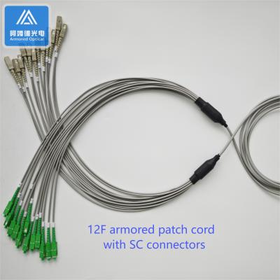 China 12 Core 5M Spiral Armored Patch Cord Grey PVC 6.5mm Rodent Resistant SC APC SC UPC for sale