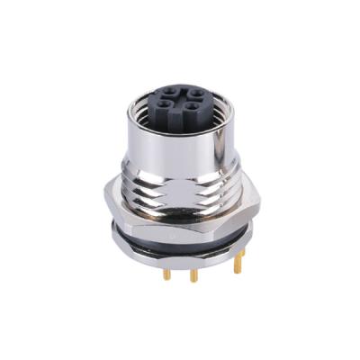 China M12 Panel Connector Female 4Pin D-Coding PCB Contact with Ground Pin Front Mounting for sale