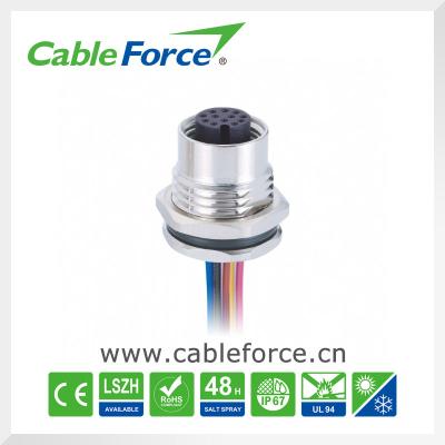China 30V 1.5A Female 12 Pin A-Code M12 Panel Mount Connector With 26AWG PVC Wires for sale