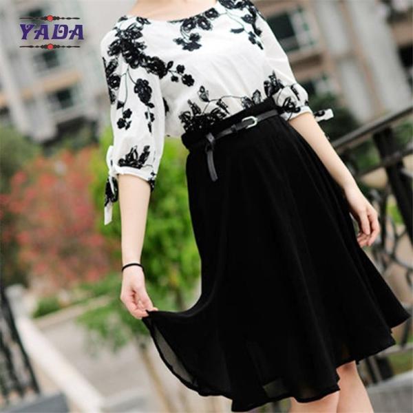 Fashion set contrast floral embroidery blouse skirt old ladies clothing 2018 fashion women long chiffon dress sale