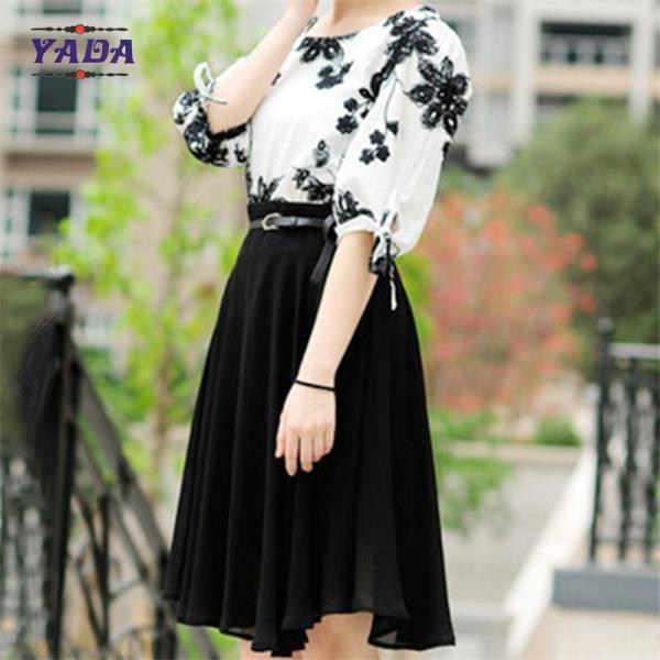 Fashion set contrast floral embroidery blouse skirt old ladies clothing 2018 fashion women long chiffon dress sale
