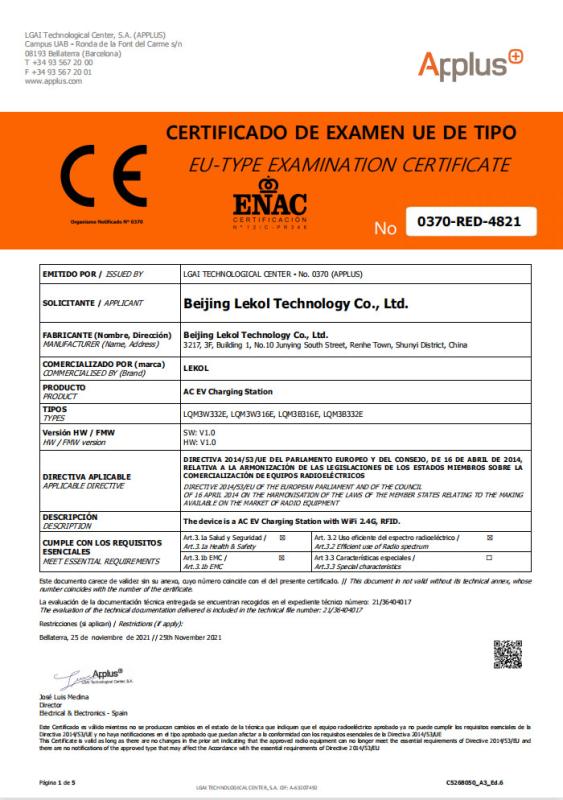 EU-TYPE EXAMINATION CERTIFICATE - Beijing Lekol Technology CO., LTD.