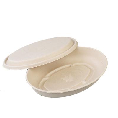 China 950ml oval single-grade sugarcane pulp tray biodegrade lunch tray salad bowl with pulp lid for sale