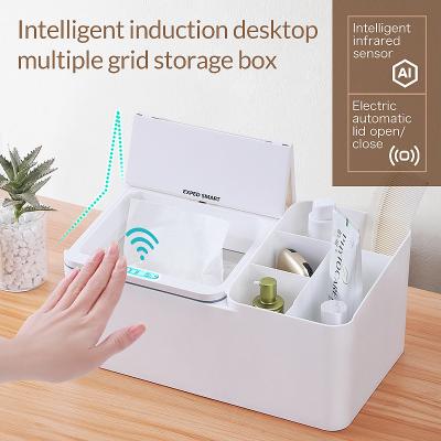 China Smart Sensing Electric Desktop Storage Box Rack Jewelry Organizer Skin Care Tissue Box Storage Box Smart Waste Bins Trash Bin for sale
