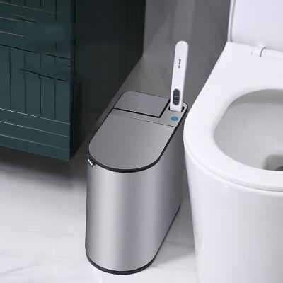 China Household Toilet with Lid 2-in-1 Narrow Paper Basket Sewn Disposable Toilet Brush Smart Sensor Sensing Stainless Steel Trash Can for sale