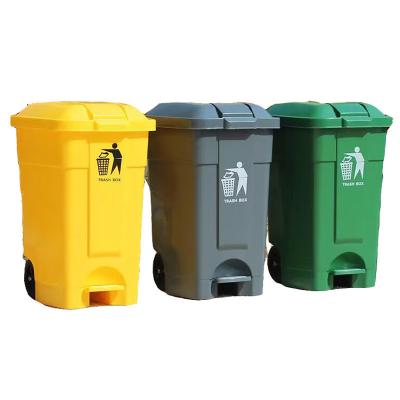 China Outdoor 50 Liter Recycling Waste Bins Roller Foot Clamshell Smart Bucket Bottom Raised Plastic Trash Can Wheelie Bins Te koop