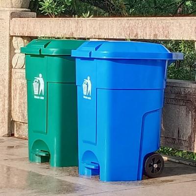 China Outdoor 50 Liter Recycling Waste Bins Roller Foot Clamshell Smart Bucket Bottom Raised Plastic Trash Can Wheelie Bins for sale