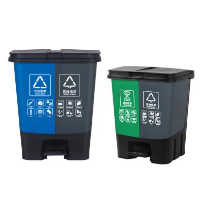 China Outdoor Sanitation Household Pedal Type Dry and Wet Separation Double Bucket School Rural Plastic Sorting Trash Can zu verkaufen