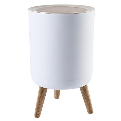 China Wood Grain Round Household Desktop Mini Simple Large-capacity Wastepaper Basket Plastic High-footed Trash Can for sale