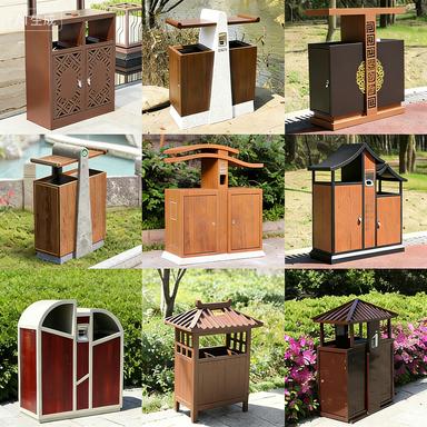 China Wood Grain Retro Outdoor Custom Trash Can with Built-in Charcoal Filter - Rust-resistant and Weatherproof Stainless Steel Garbage Container for sale