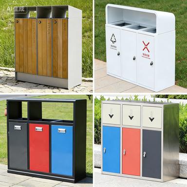 China 4-Compartment Stainless Steel Outdoor Trash Bin with Built-in Charcoal Filter for Parks and Commercial Sanitation for sale