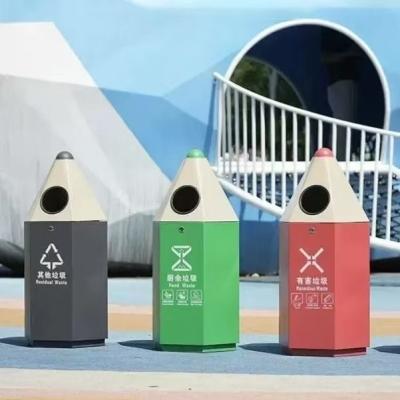 China Custom Cartoon Pencil Design Outdoor Trash Can with Eco-friendly Recycled Materials and Ergonomic Side Handles for Kindergarten & Playground for sale
