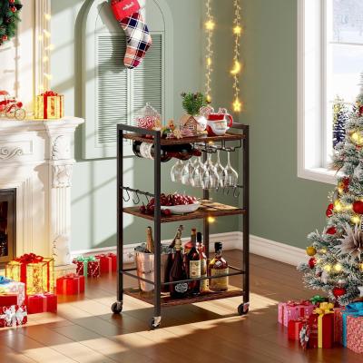 China Household Multi-Function Carbon Steel Storage Trolley with Wine Rack Rolling Utility Service Cart for sale