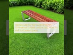 Stainless Steel & Teak Outdoor Bench - Commercial 2-Seater Leisure Long Chair for Park & Outdoor Spaces