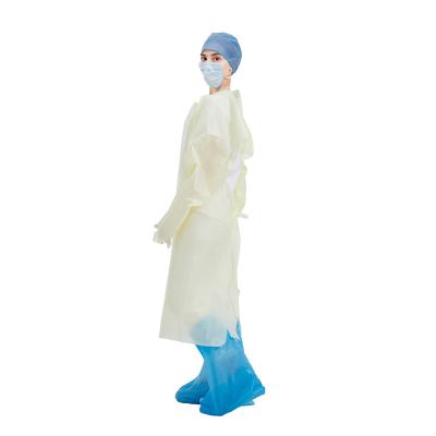 China Gelbe SMMS-Isolierung Wegwerf-CPE-Kleid mit Daumen-Schleife 30-65gsm S-XL zu verkaufen