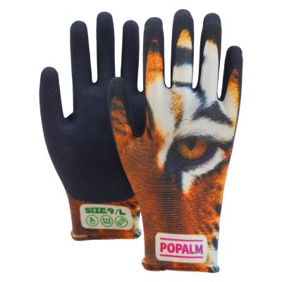 China Popalm Unisex Animal Print Tuinhandschoenen 15gauge Latex Palmcoated Werkhandschoenen voor alle taken for sale