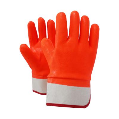 Cina Guanti di sicurezza chimica antiscivolo arancioni in PVC, guanti da lavoro resistenti all'abrasione con polsino in tela in vendita