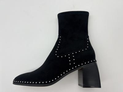 China soft suede leather and stretch lycra fabric black Womens Dress ankle Boots with metal zipper design，square abs heel for sale