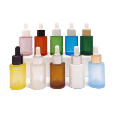 China 30ml Glass Frosted Dropper Bottle Cylindrical Essence Cosmetic Flat Shoulder Essential Oil for sale