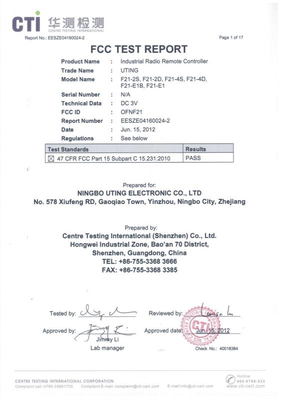  - NINGBO YOUTE ELECTRIC CO.LTD