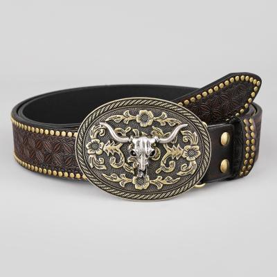 China Unisex Vintage Cow Head Embossed PU Leather Belt with Buckle Fastening Western Rivet Belt for sale