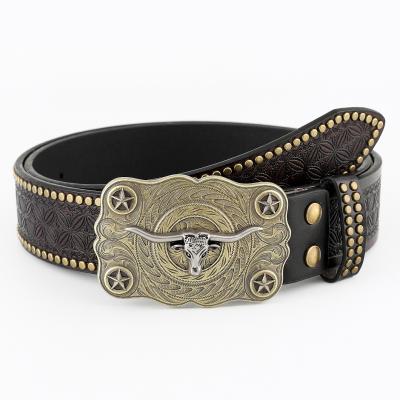 China Unisex Vintage Cow Head Embossed PU Leather Belt with Buckle Fastening Western Rivet Belt for sale