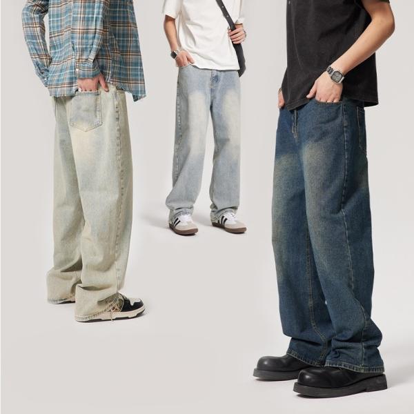 Quality Mid Waist Type Men's Denim Trousers Custom Washed Straight Jeans with Light Plaid Print for sale