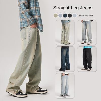 Cina Pantaloni in denim da uomo con cintura media Pantaloni dritti lavati su misura con stampa a quadri leggera in vendita
