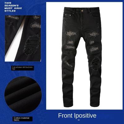 Cina Fascia a doppio strato di design pieghevole nero Strass impilato jeans skinny denim per uomini in vendita
