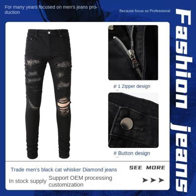 Cina Fascia a doppio strato di design pieghevole nero Strass impilato jeans skinny denim per uomini in vendita