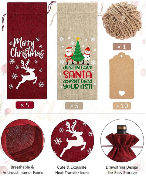Quality Reusable Jute Christmas Wine Bags for Wine Bottles Customized Letter Pattern for sale