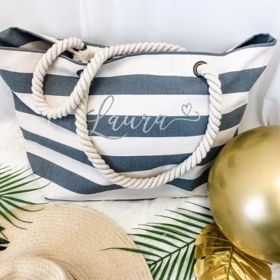 China Customized Logo Canvas Stripe Tote Bag for Summer Beach School Bag Trolley Arrival for sale